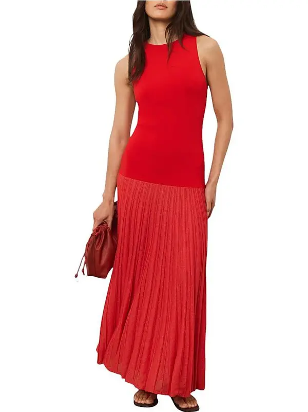 Mint Velvet Sleeveless Crewneck Pleated Maxi Dress - Red