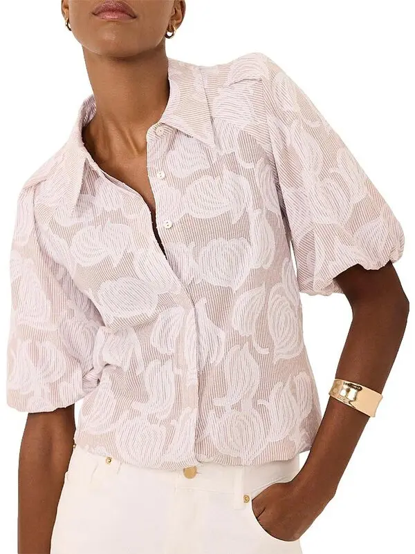 Mint Velvet Cotton Jacquard Puff Sleeve Shirt - Neutral