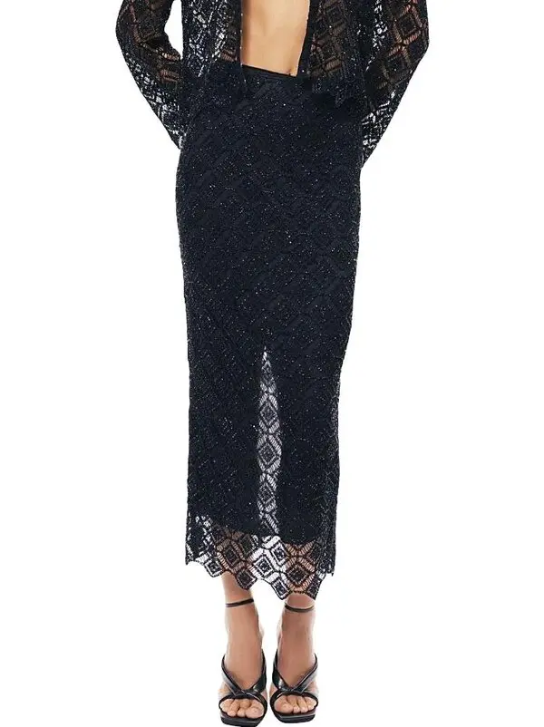 NOCTURNE Lace Midi Skirt With Back Slit - Black