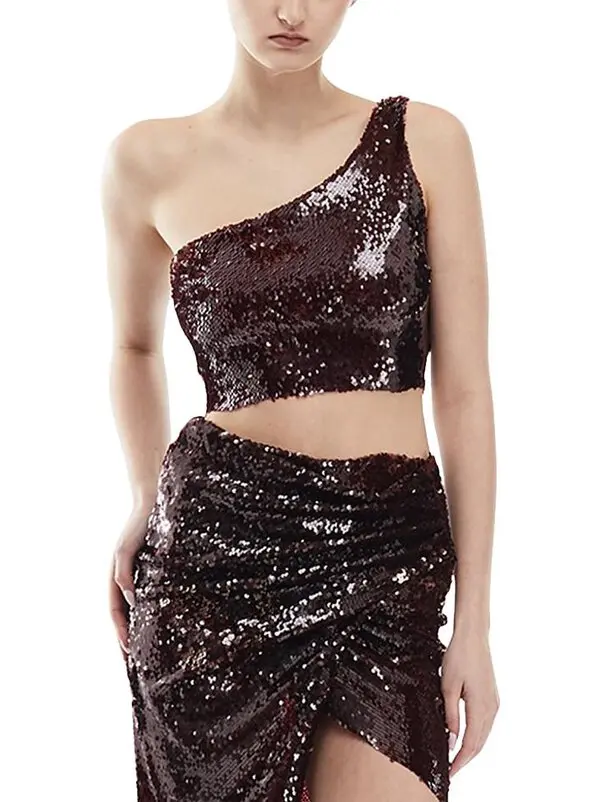 MOTHER OF ALL Sequined One-shoulder Cropped Top - Burgundy