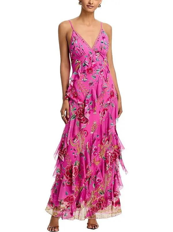 Camilla Silk Asymmetric Ruffled Maxi Dress - Matadora Flora