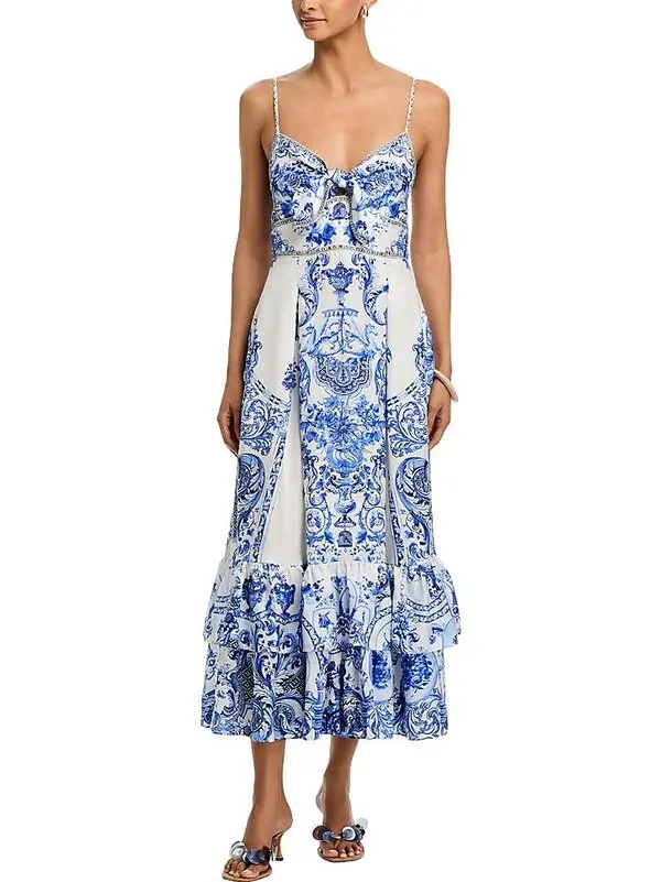 Camilla Silk Printed Ruffled Hem Maxi Dress - Ceramic Panoramic