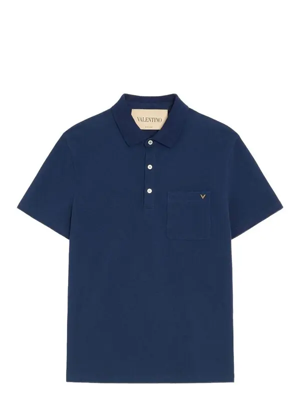 Valentino Garavani Cotton Piqué Polo With Vgold - Blue