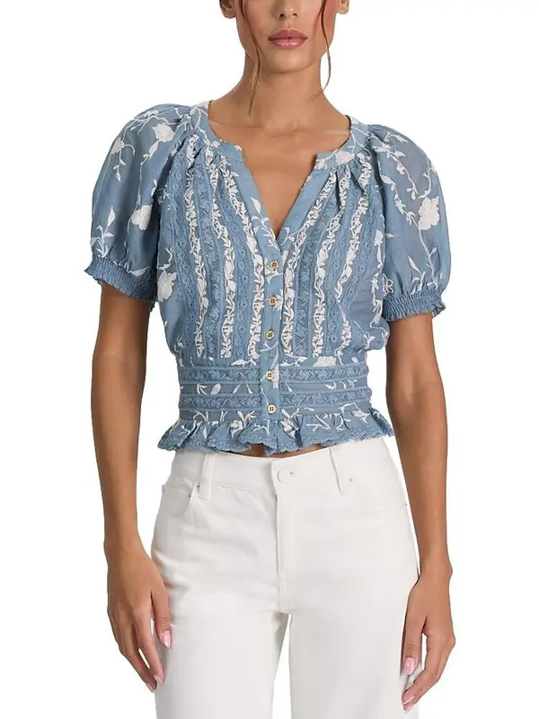 Alice + Olivia Embroidered Lace Top - Deep Denim Blue/vanilla