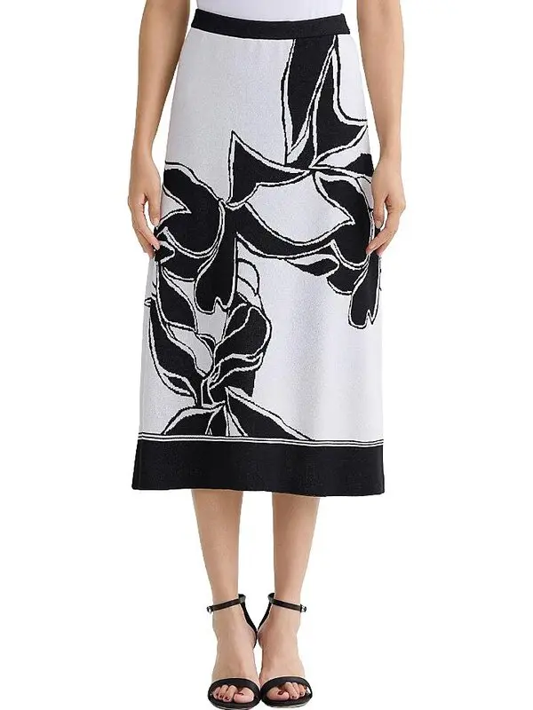 Ming Wang Floral Jacquard Knit A-line Midi Skirt - Black/white