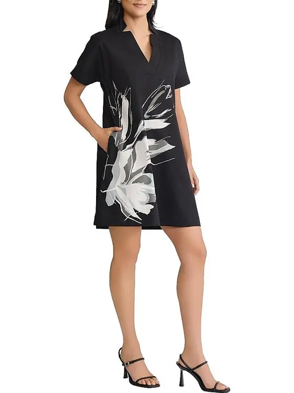 Ming Wang Floral Printed Stretch Cotton A-line Dress - Black/white
