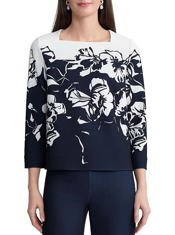Ming Wang Floral Print Stretch Deco Crepe Blouse - Indigo/white