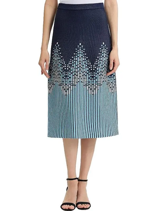 Ming Wang Flared Linear Ombre Soft Knit Midi Skirt - Indigo/limestone/serene/white