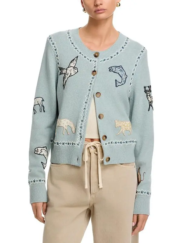 Sea Winslow Long Sleeve Cardigan With Embroidered Wildlife Motifs - Blue