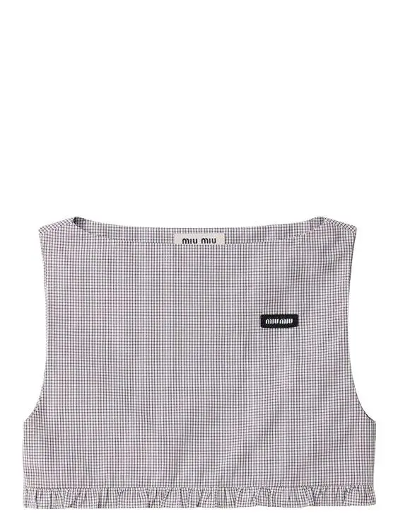 Miu Miu Checked Poplin Cropped Top With Ruched Hem - White/cocoa Brown