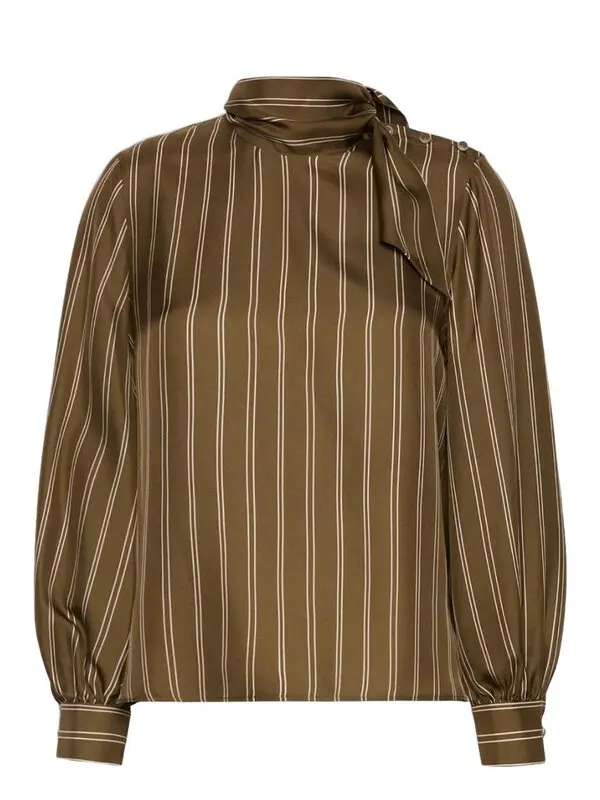 Max Mara Striped Silk Blouse With Neck Tie - Kaki