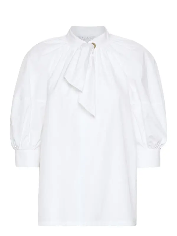 Max Mara Oversized Cotton Poplin Shirt With Mandarin Collar And Front Tie Detail - White