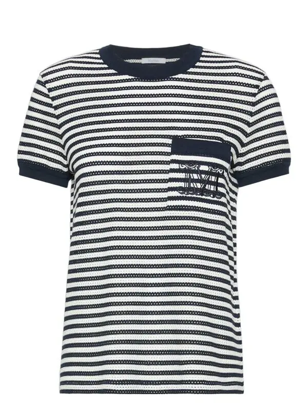 Max Mara Striped Cotton Mesh T-shirt With Embroidered Monogram - White Blue