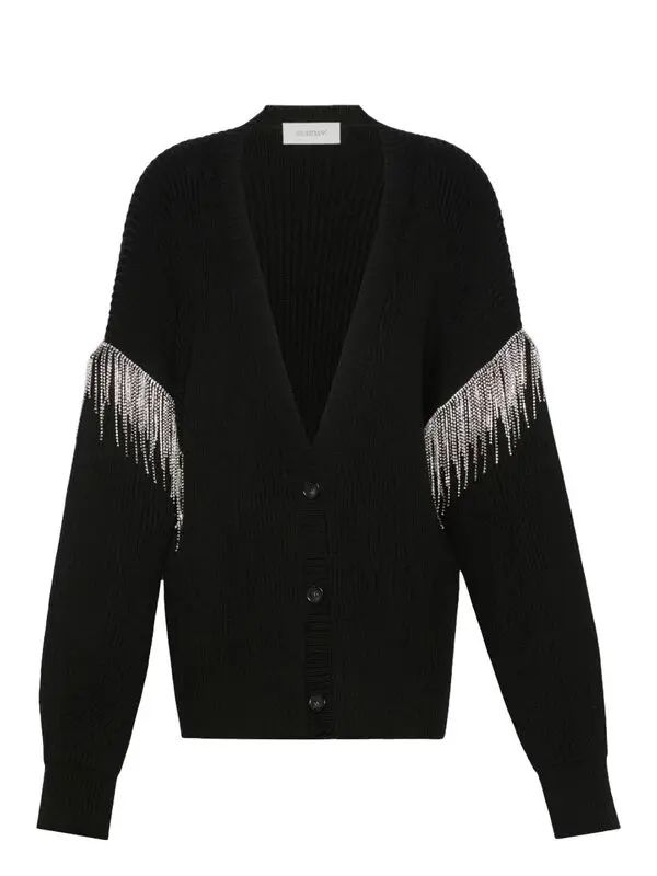 Max Mara Oversized Wool Cardigan With Rhinestone Fringe - Black