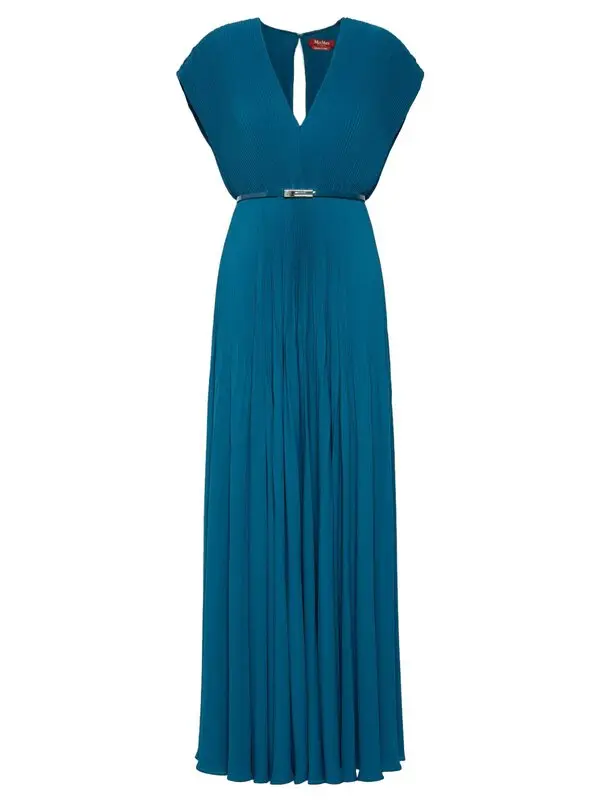 Max Mara Long Sleeveless Georgette Dress With Origami Pleats And Belt - Oil