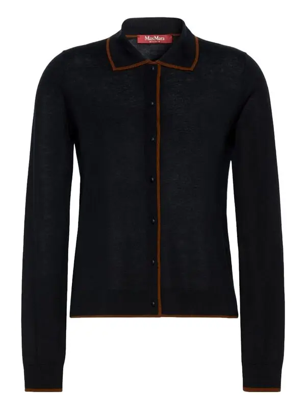 Max Mara Wool And Silk Yarn Cardigan With Contrasting Piping - Navy