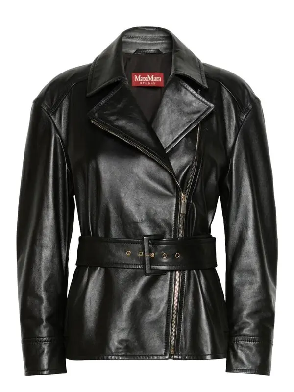 Max Mara Nappa Leather Biker Jacket - Black
