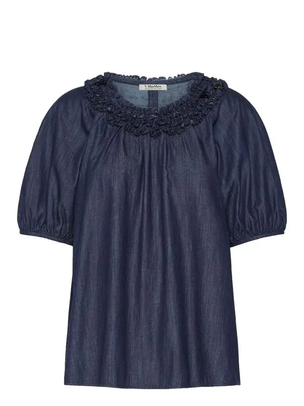 Max Mara Cotton Denim Blouse With Ruffled Neckline And Jewel Embroidery - Midnightblue