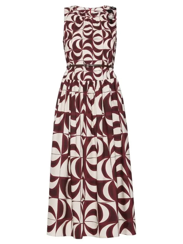 Max Mara Sleeveless Midi Dress With All-over Print And Belt - Bordeaux