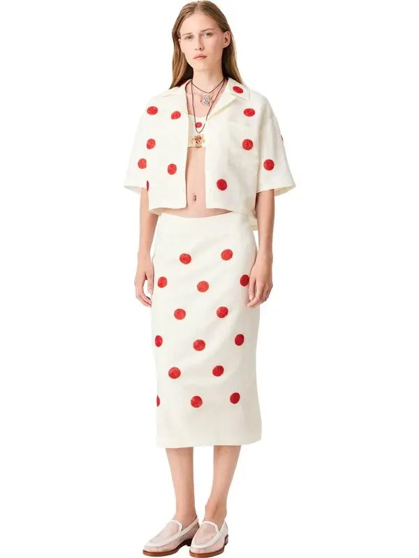 Maje Embroidered Linen-silk Pencil Skirt With Red Beaded Polka Dots - White