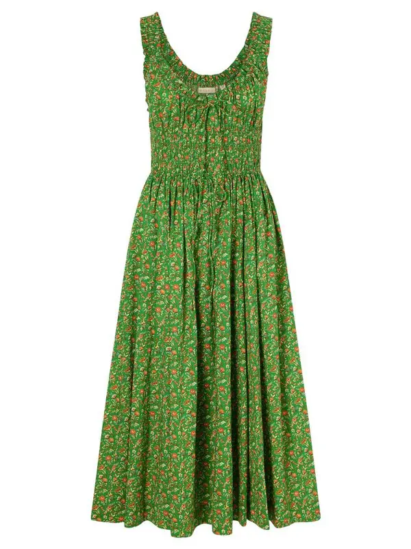 DÔEN Emmaretta Shirred Floral-print Organic Cotton Midi Dress - Green