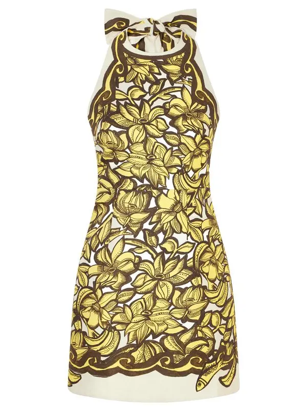 ALEMAIS Mona Floral-print Hemp Halterneck Mini Dress - Yellow