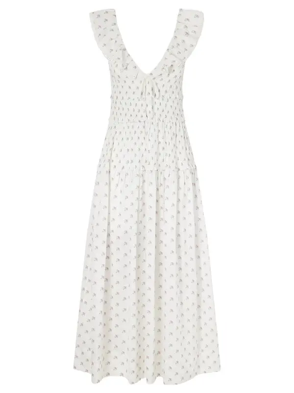 DÔEN Sorina Tiered Embroidered Floral-print Organic Cotton Midi Dress - White