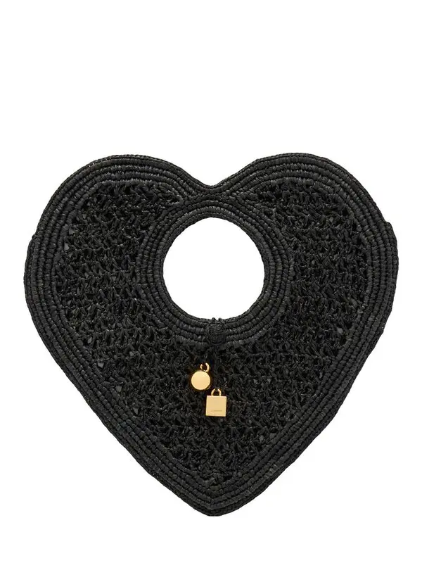 Jacquemus Le Spiaggia Coeur Embellished Raffia Tote - Black