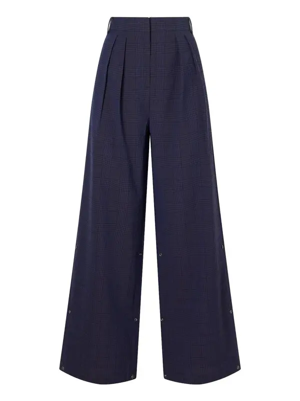 Tibi Stella Pleated Checked Wool And Cotton-blend Wide-leg Pants - Blue