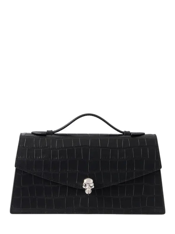 Alexander McQueen Skull Embellished Croc-effect Leather Clutch - Black