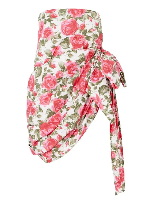 Chloé Ruched Floral-print Cotton-poplin Mini Skirt With Bow Detail - White