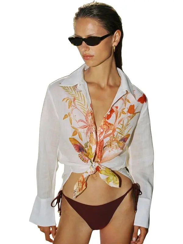 REISS Cilia Butterfly-print Ramie Shirt - Ivory