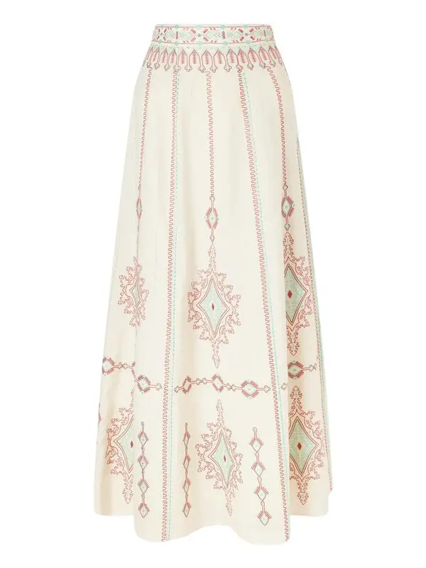 EMPORIO SIRENUSE Camille Embroidered Linen And Cotton-blend Midi Skirt - Neutrals