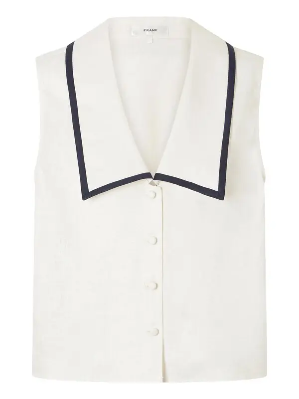 FRAME Sleeveless Linen Top With Contrast Binding - White