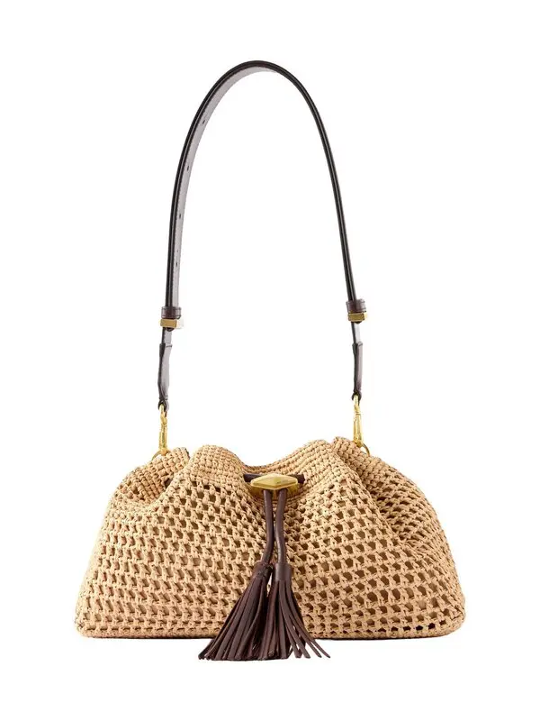 JIMMY CHOO Bon Bon" Raffia Shoulder Bag With Fringed Drawstring - Neutrals