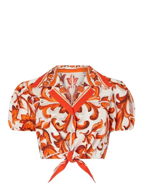 Dolce & Gabbana Cropped Printed Cotton Poplin Shirt - Orange