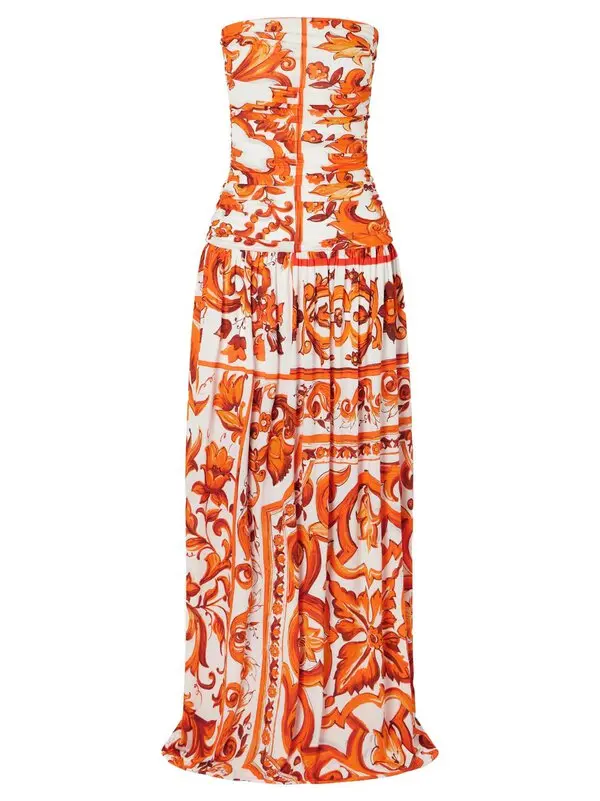 Dolce & Gabbana Printed Organza Strapless Maxi Dress - Orange