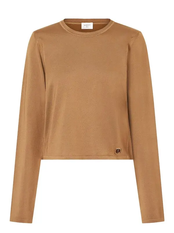 Saint Laurent Logo Embellished Woven T-shirt - Brown