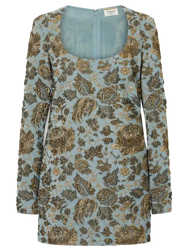 Saint Laurent Jardin Brocade Mini Dress - Blue