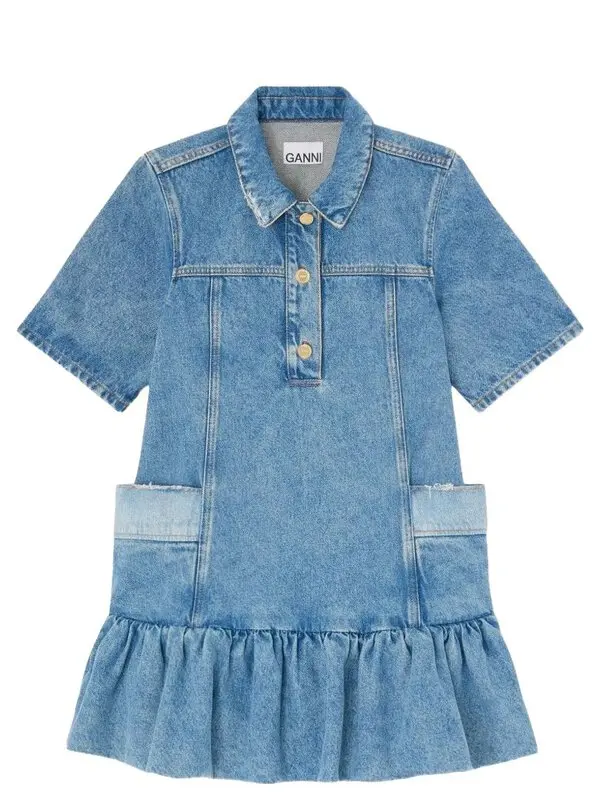 GANNI Denim Cotton Mini Dress With Ruffled Hem - Blue