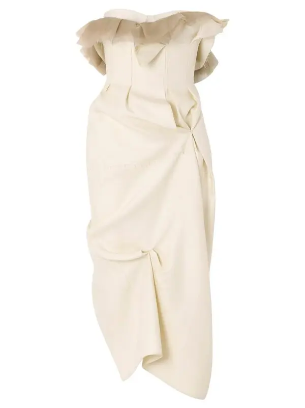 Khaite Salm Strapless Ruffled Wool And Silk-blend Midi Dress - Neutrals