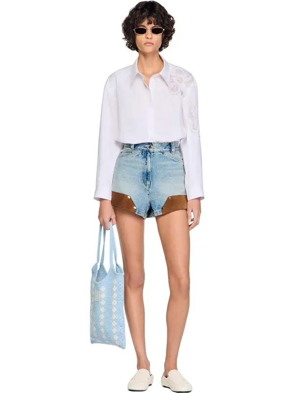 Sandro Embroidered Cotton Shirt - White / Blue