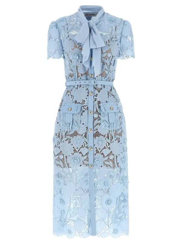 SELF-PORTRAIT Lace Tie Neck Midi Dress - Blue