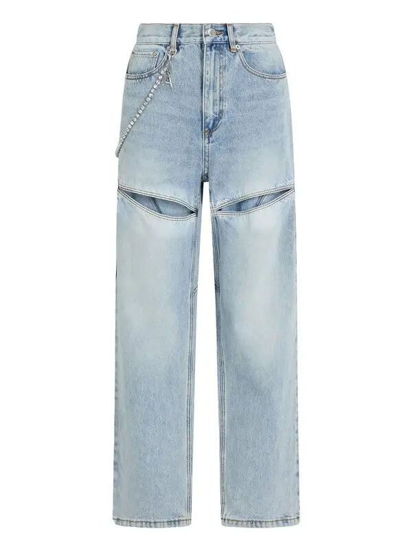 AREA Cutout Crystal-embellished High-rise Straight-leg Jeans - Light Denim