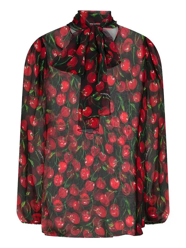 Dolce & Gabbana Printed Silk Chiffon Pussy-bow Blouse - Black