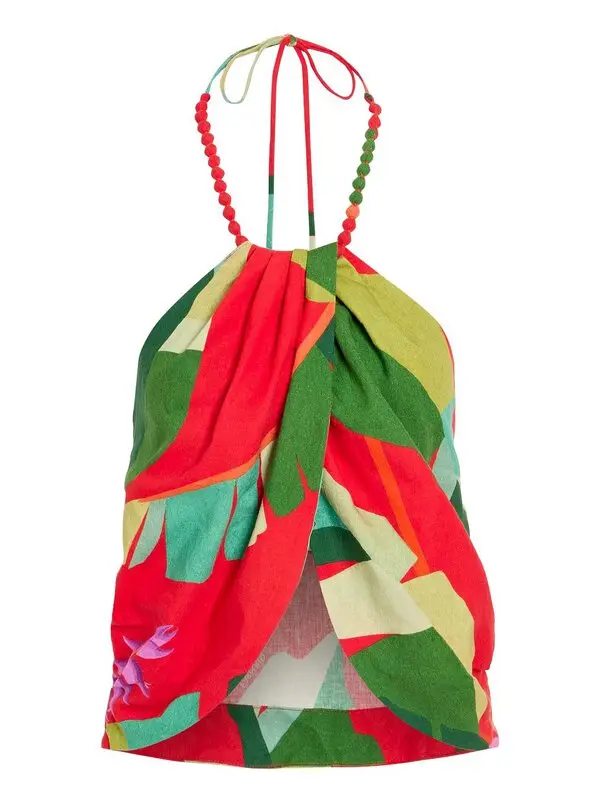 Farm Rio Printed Linen-blend Halterneck Top - Red