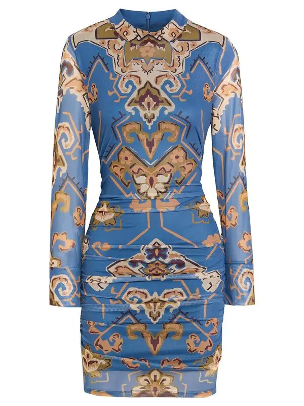 Farm Rio Ruched Printed Mesh Mini Dress - Blue
