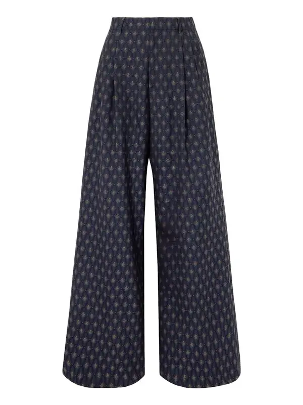 Etro Pleated Jacquard Wide-leg Wool And Cotton-blend Pants - Navy