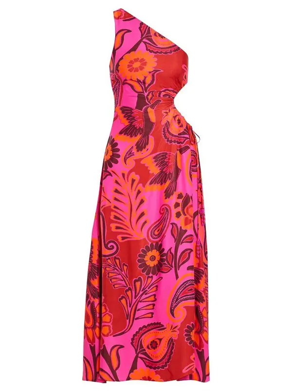Farm Rio One-shoulder Cutout Printed Satin Midi Dress - Pink