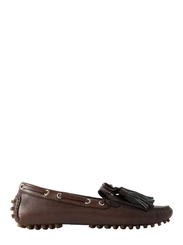 Brunello Cucinelli Tasseled Fringed Leather Loafers - Chocolate